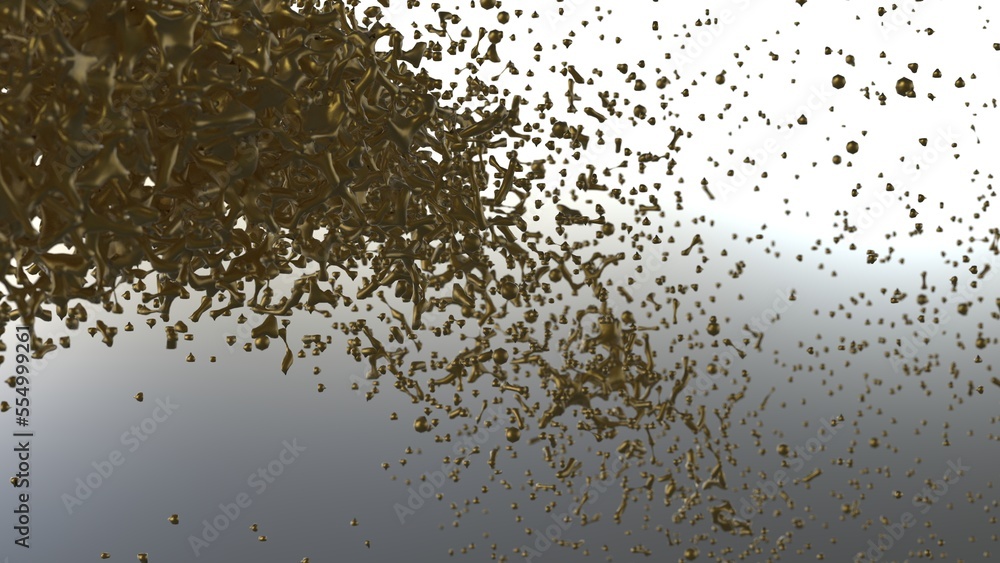 Aggregate of metallic golden particles on brown-white background ...