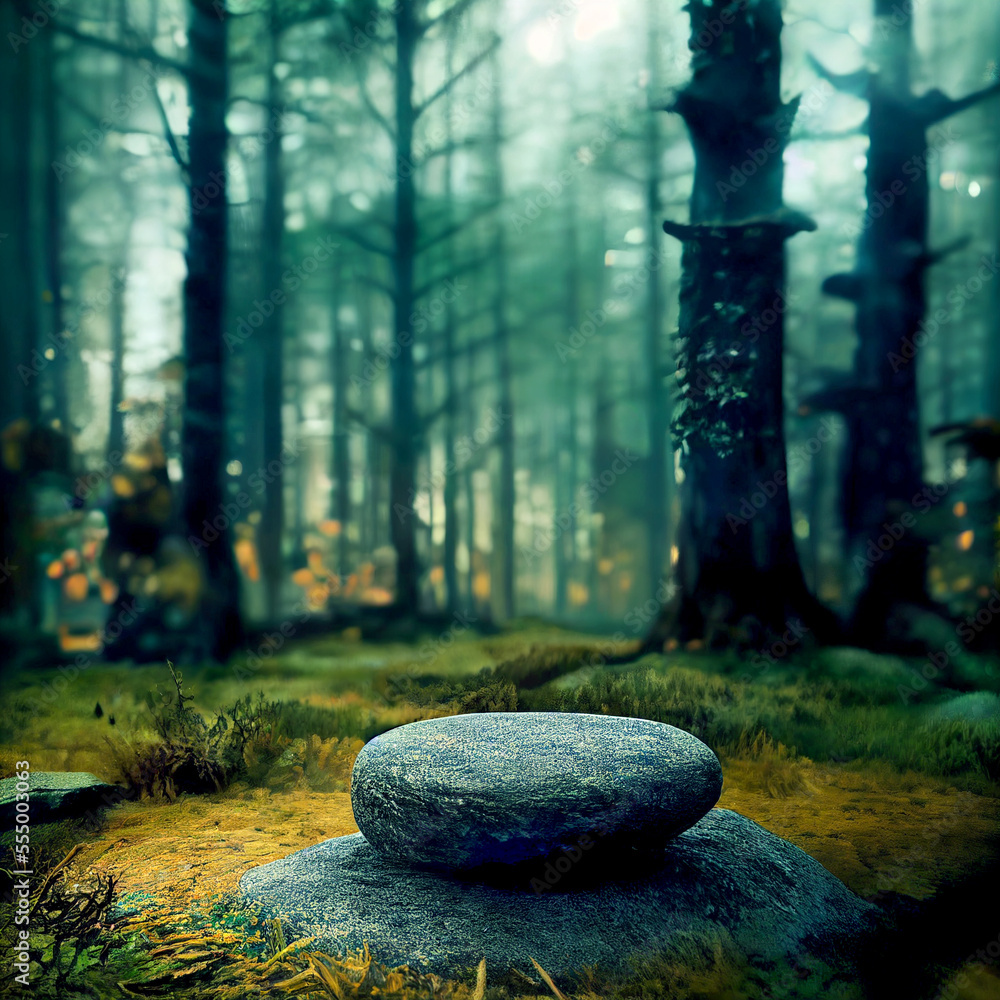 Flat stone podium in the magical forest illustration, empty round stand ...