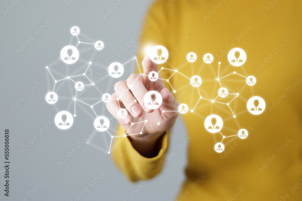 . Virtual visualization of network chain with person icons, female ...