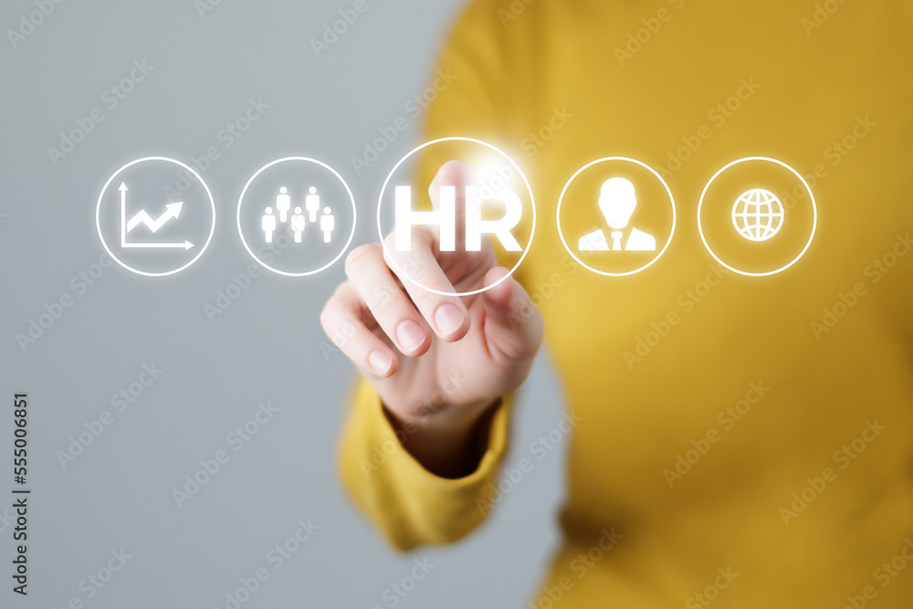 Female person pointing on highlighted HR icons. Human resources concept ...