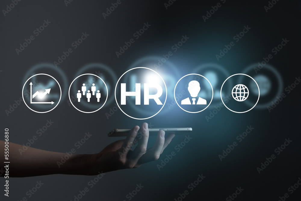 Female person pointing on highlighted HR icons. Human resources concept ...