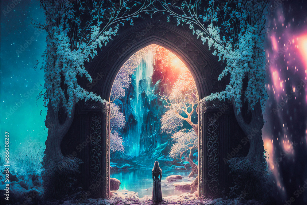 Ancient architecture arch with a pathway in a frozen winter landscape ...