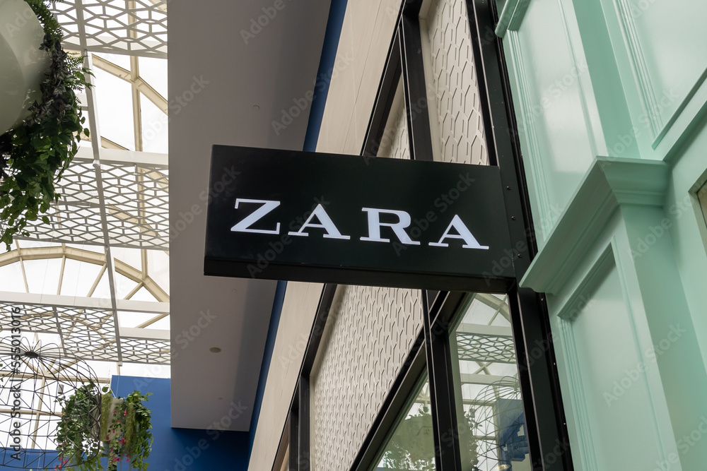 Houston, Texas, USA - March 6, 2022: A ZARA store projecting sign at a ...