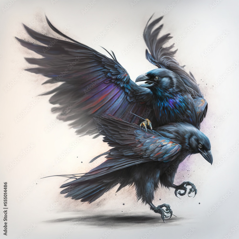 Ravens fighting color pencil drawing illustration made with Generative ...