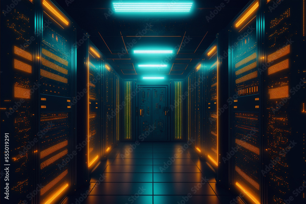 Data center room servers with yellow glowing system storage and lights ...
