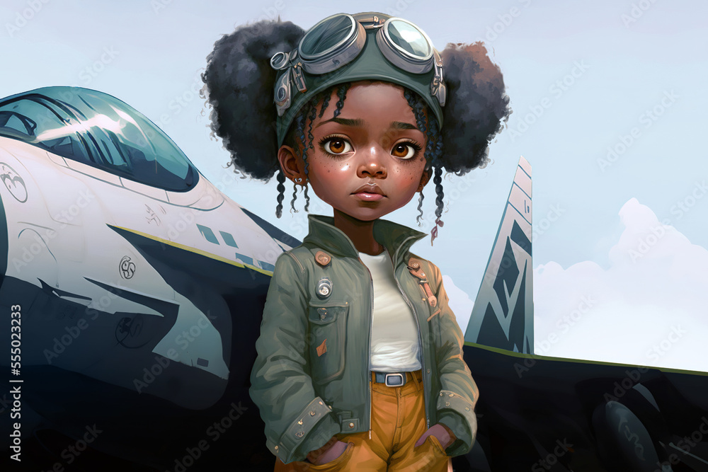 little black girl dressed as a pilot with plane in the background ...