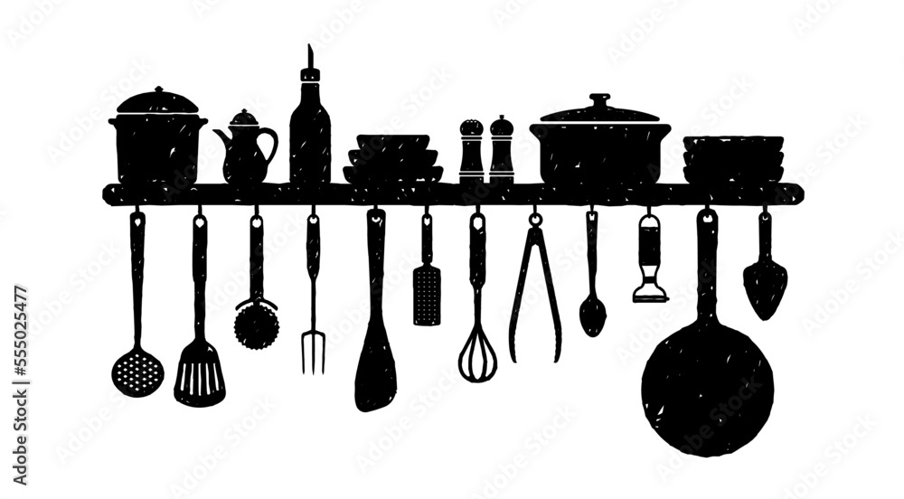 Hanging kitchen utensil vector illustration | rough sketch texture ...