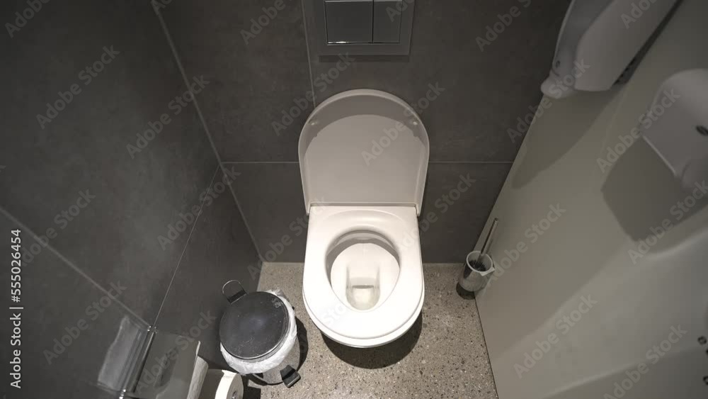 Contemporary public bathroom interior inside stall with clean bowl ...