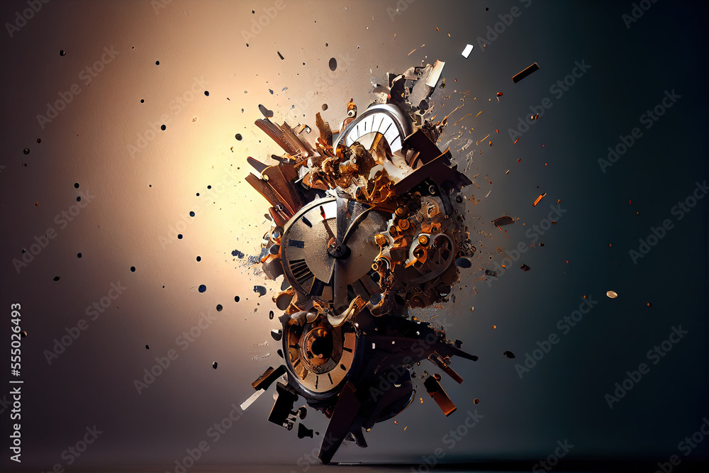Time machine, steampunk,explodes, wall clock exploding, generative art ...