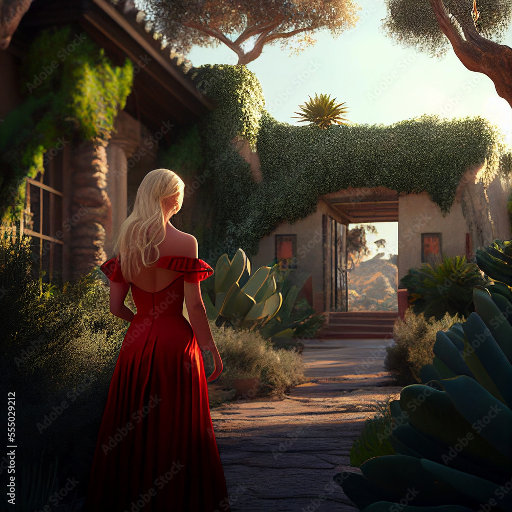 A beautiful blonde model in a low-cut red dress walking down a gentle ...