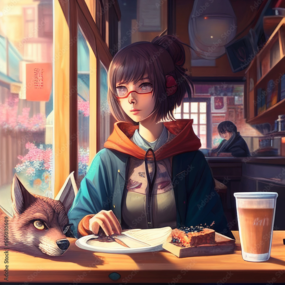 A stunning anime girl with a short bob haircut in a cafe with a wolf ...