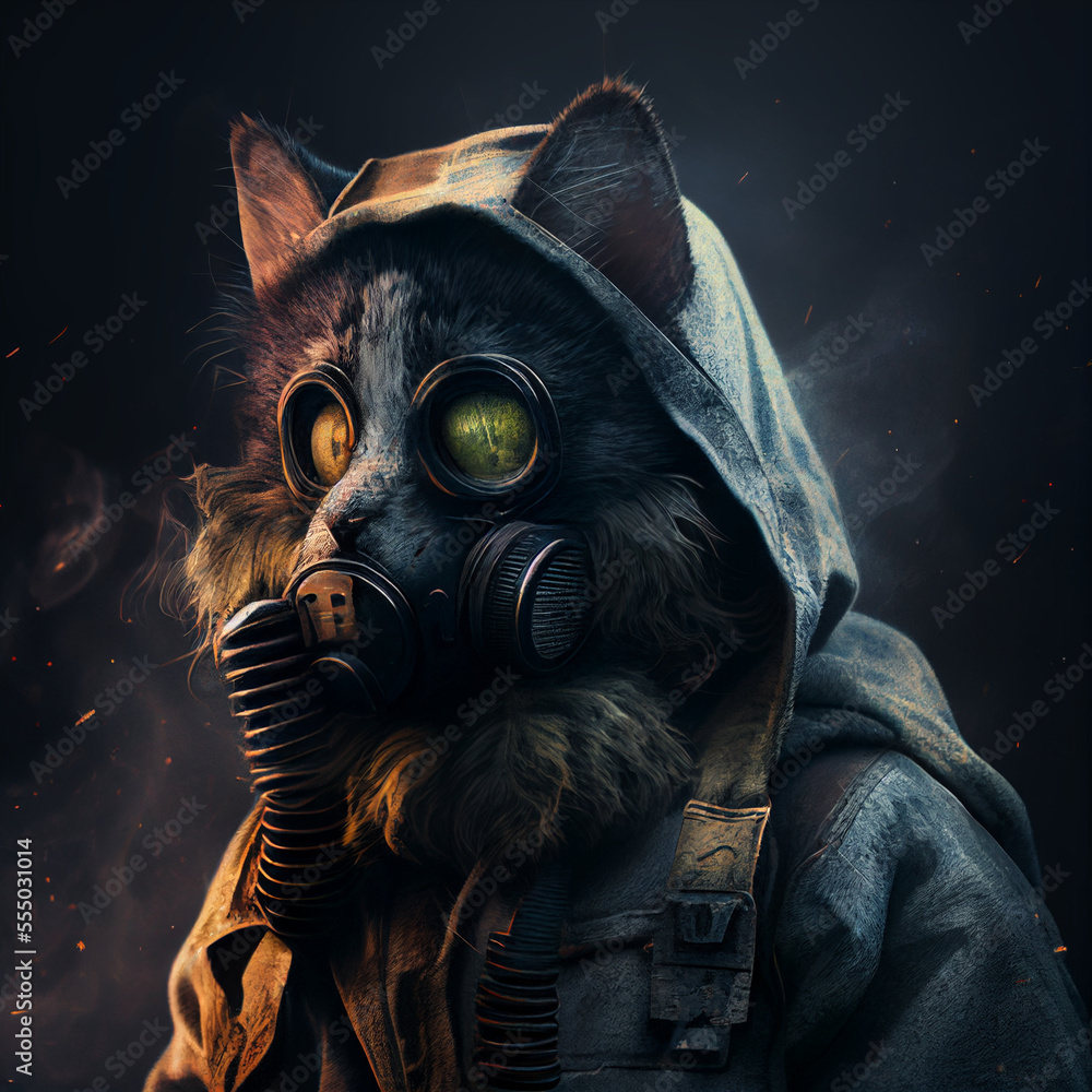 An anthropomorphic cat wearing a gas mask created with generative AI ...