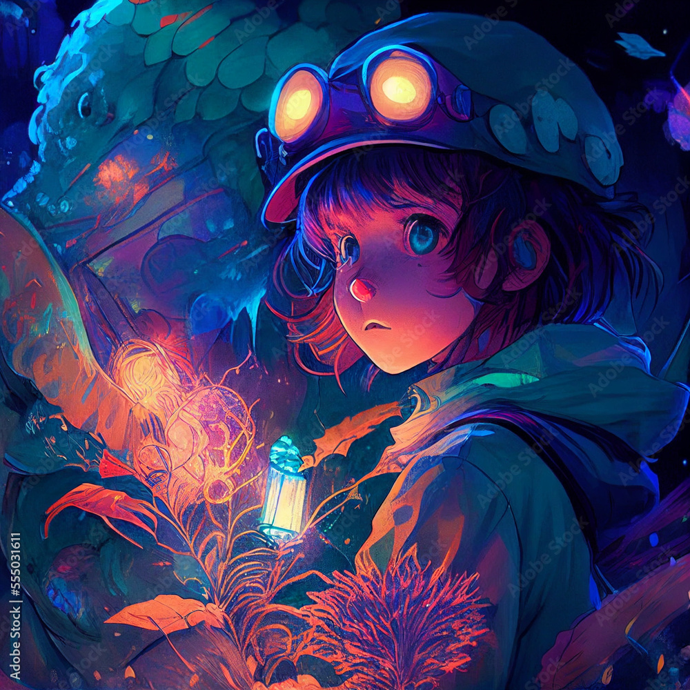 Anime character design of a young girl with an alien in the background ...