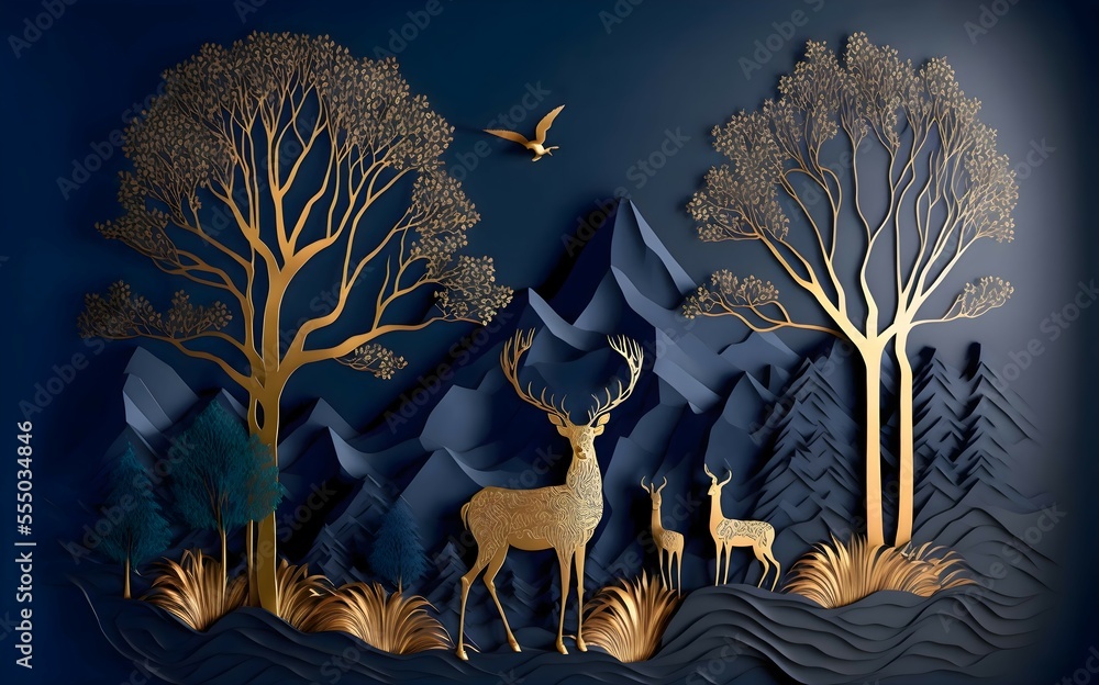 3d modern art mural wallpaper with dark blue Jungle, forest background ...