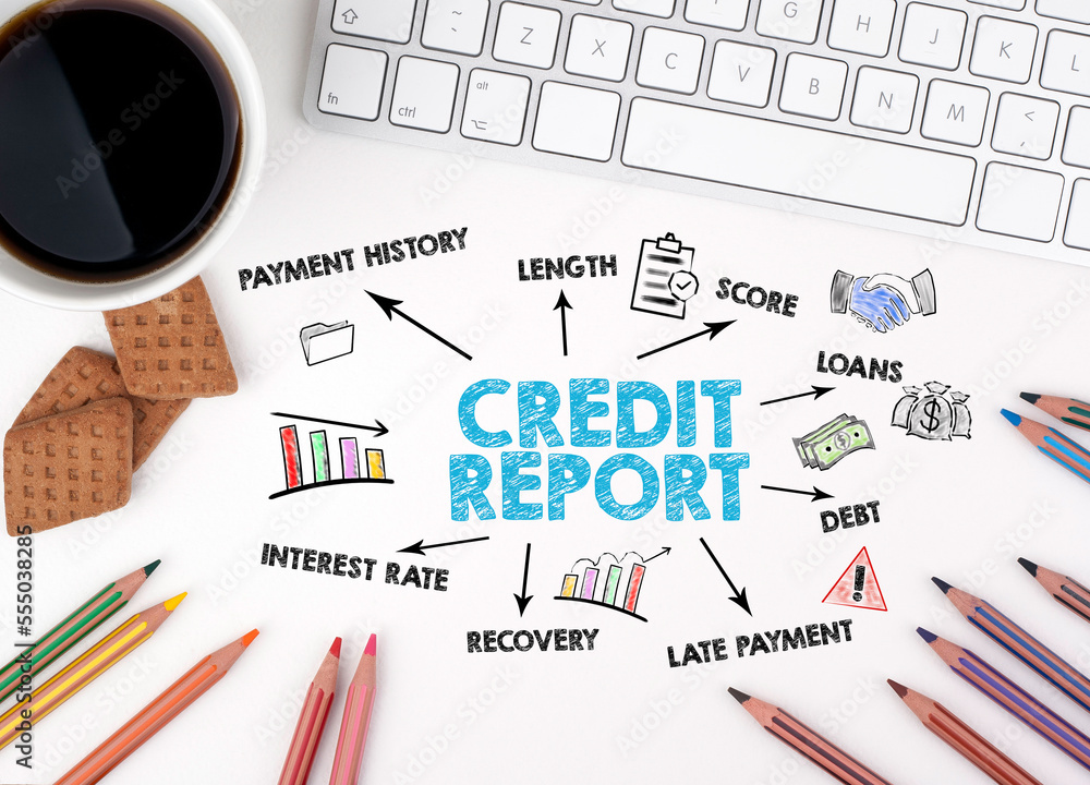 Credit Report Concept. Chart with keywords and icons. White office desk ...