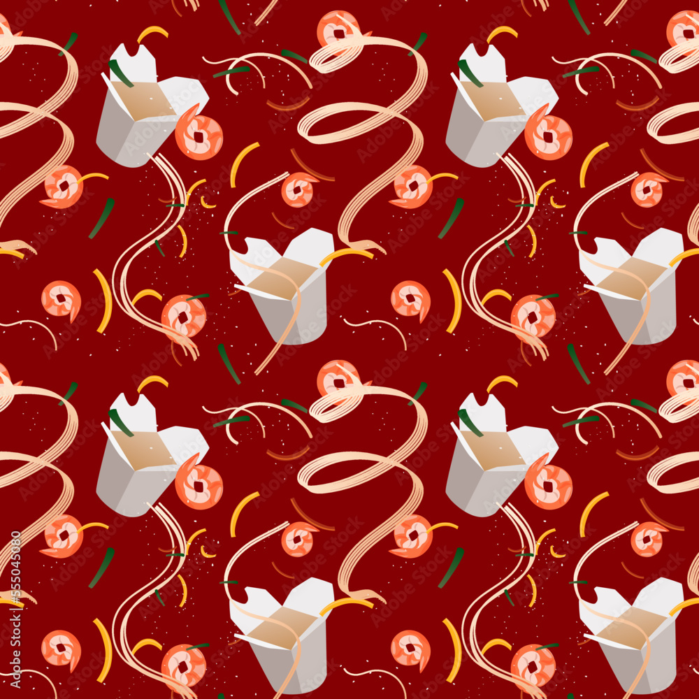 Chinese food in boxes seamless pattern on a red background. Carton food ...