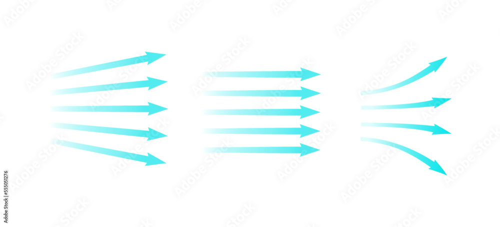 Air flow. Set of blue arrows showing direction of air movement. Wind ...