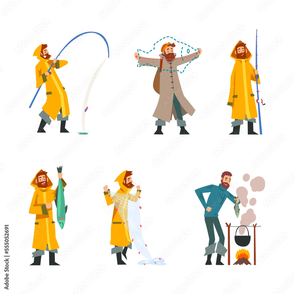 Fisherman characters set. Men fishing with rod and net, showing off big ...