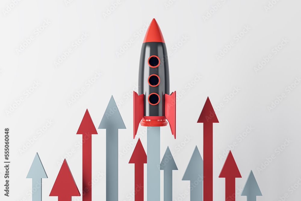 Launching rocket with arrows on white background. Start up and new ...