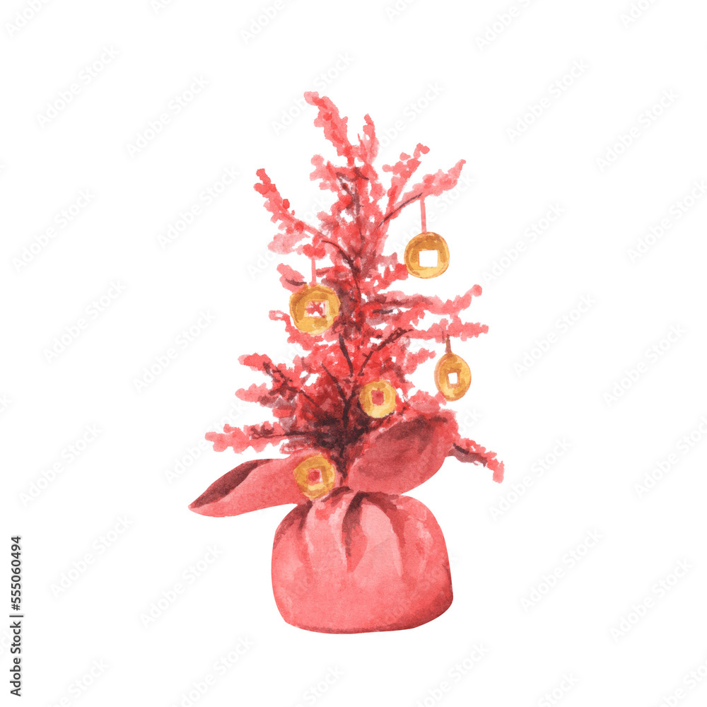 Watercolor painting of Chinese Money Tree. Symbol of wealth growth ...