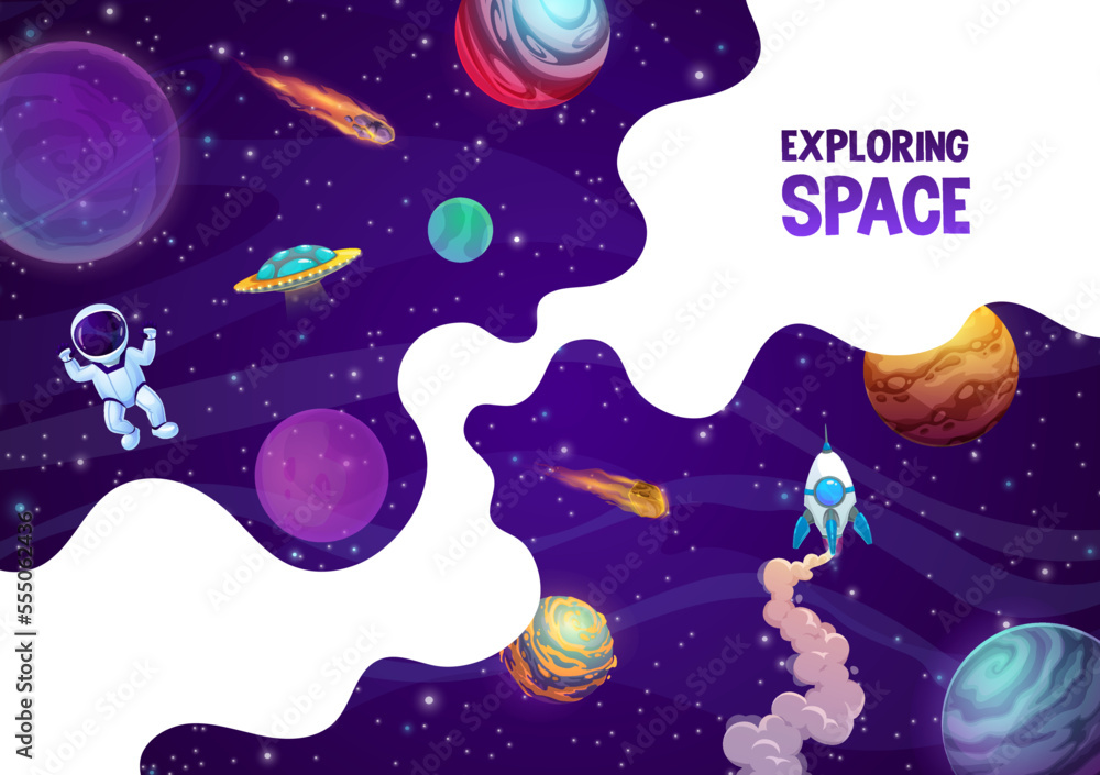 Landing page space, cartoon rocket, astronaut, space planets and stars ...
