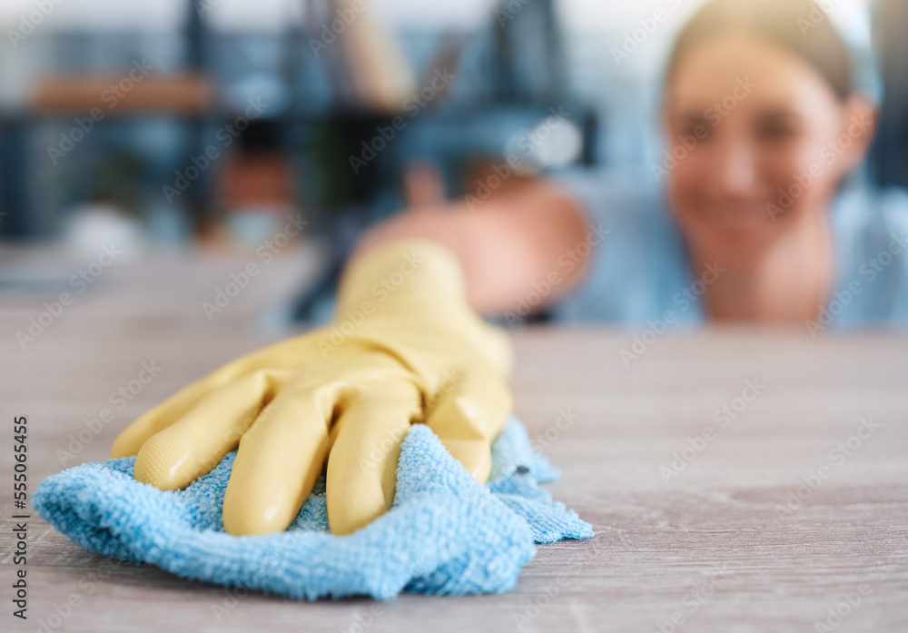 Hand, woman and table cleaning for hygiene, housework and household ...