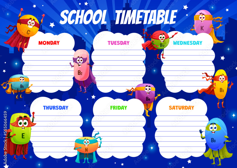 Education timetable schedule. Cartoon cheerful superhero vitamin ...