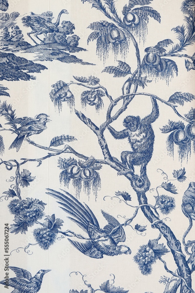 Historic Toile de Jouy Wall Covering Detail Depicting a Monkey, Birds ...