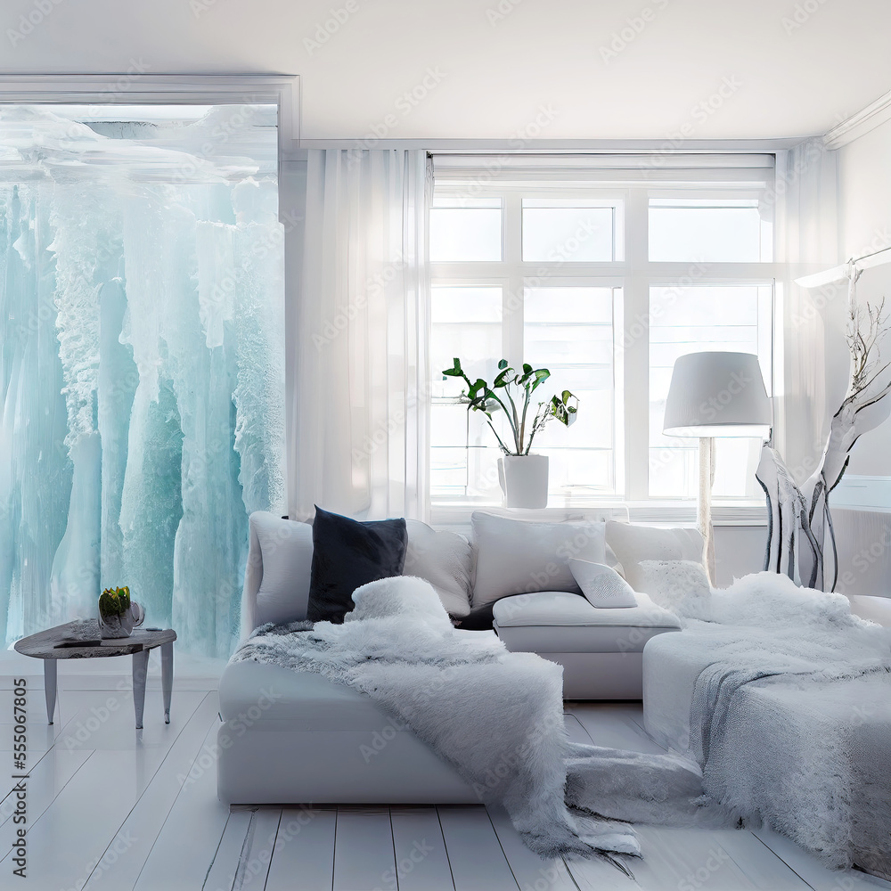 Scandinavian living room interior design with wall of freezing glacier ...