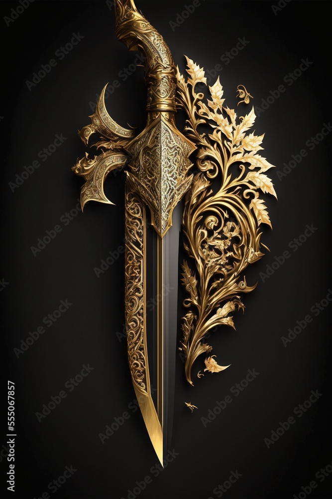 Black and Gold sword On A Black Background. 4k Weapon Design. 3D ...