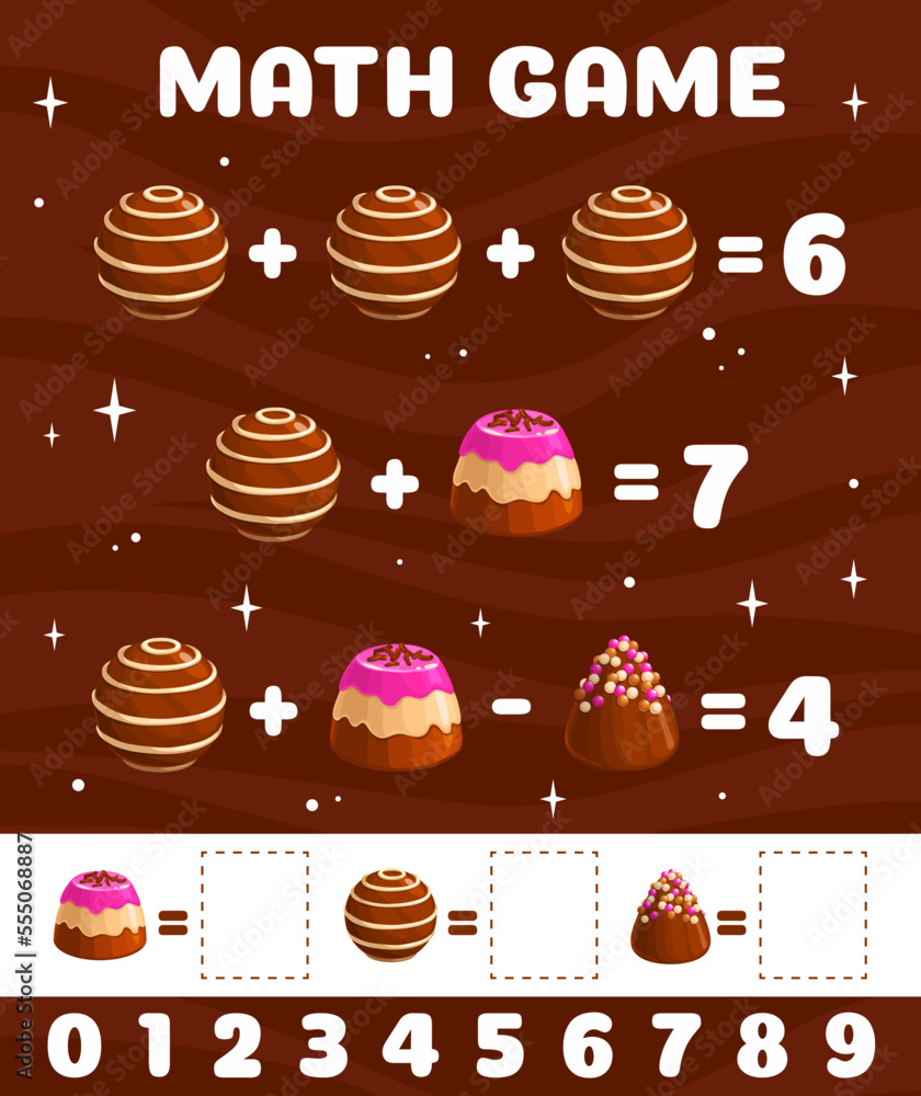 Cartoon chocolate candies. Math game worksheet. Kids mathematical ...