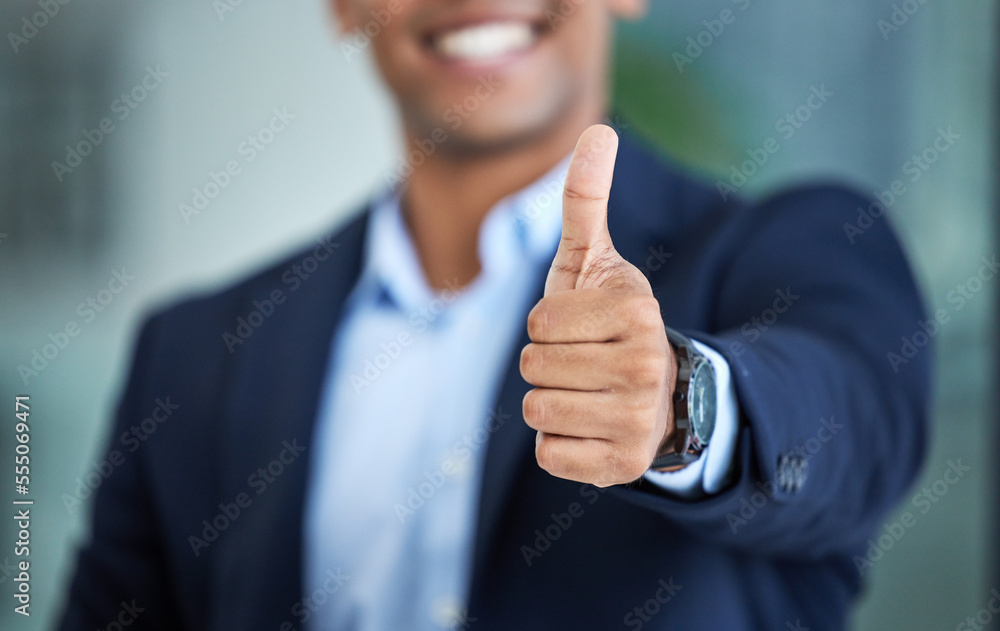 Thumbs up, success and hand of businessman in the office with an ...