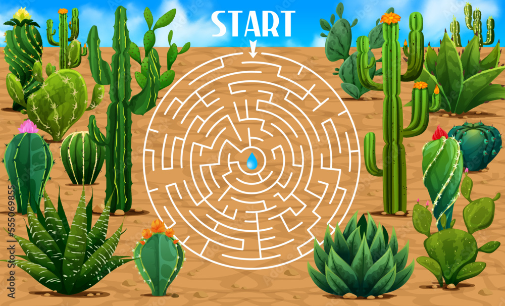 Round labyrinth maze mexican prickly cactus succulents. Kids vector ...