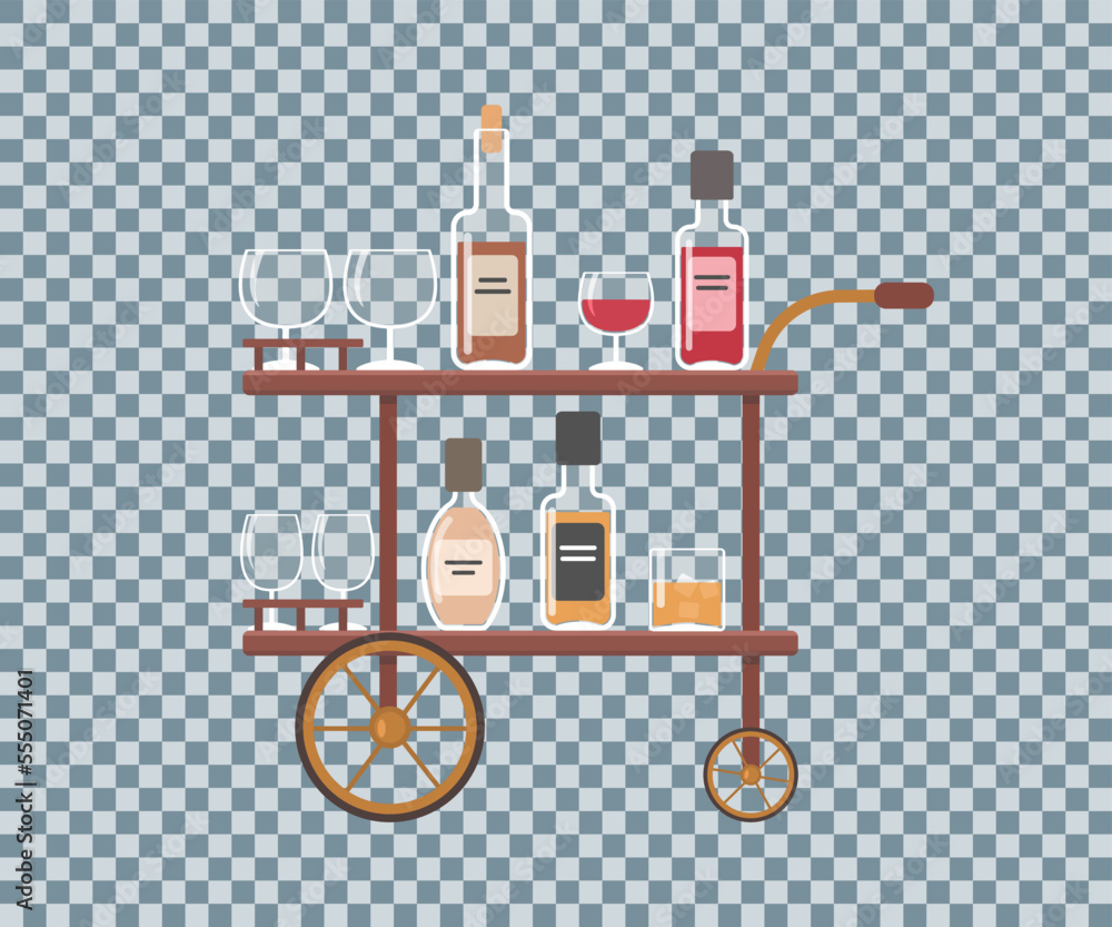 Bar cart with bottles and glasses on transparent background. Home ...