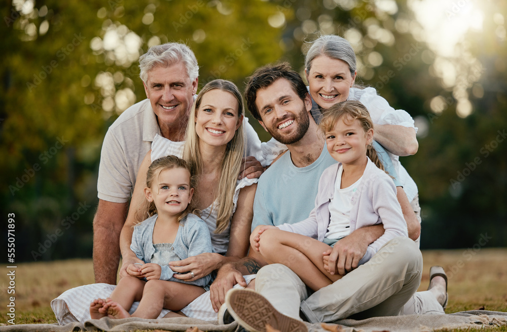 Family picnic, park portrait and smile with kids, parents or ...