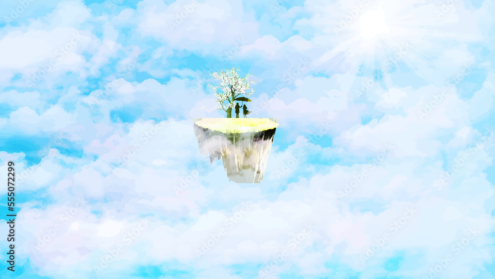 anime couple standing on floating land in the sky Stock Illustration ...