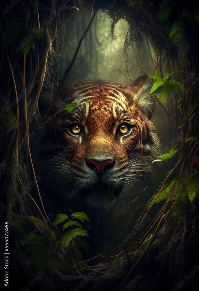 Photorealistic portrait of the tiger hiding in the jungle foliage ...