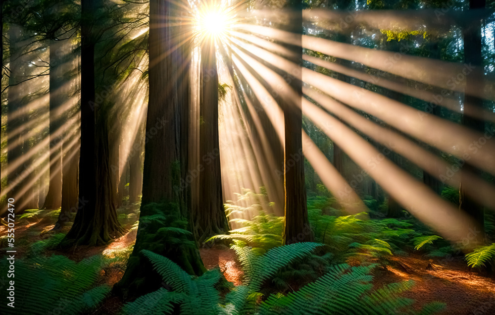 Beautiful rays of sunlight in a green forest. Fantasy mystical mossy ...
