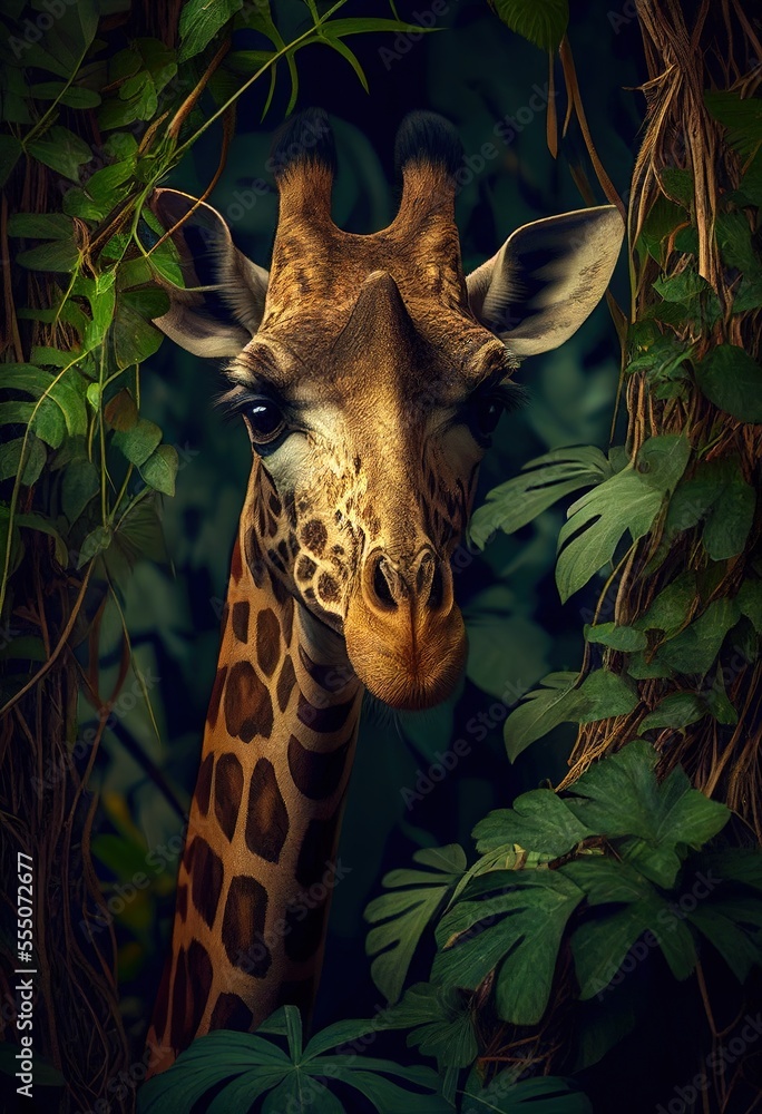 Photorealistic portrait of the giraffe hiding in the jungle foliage ...