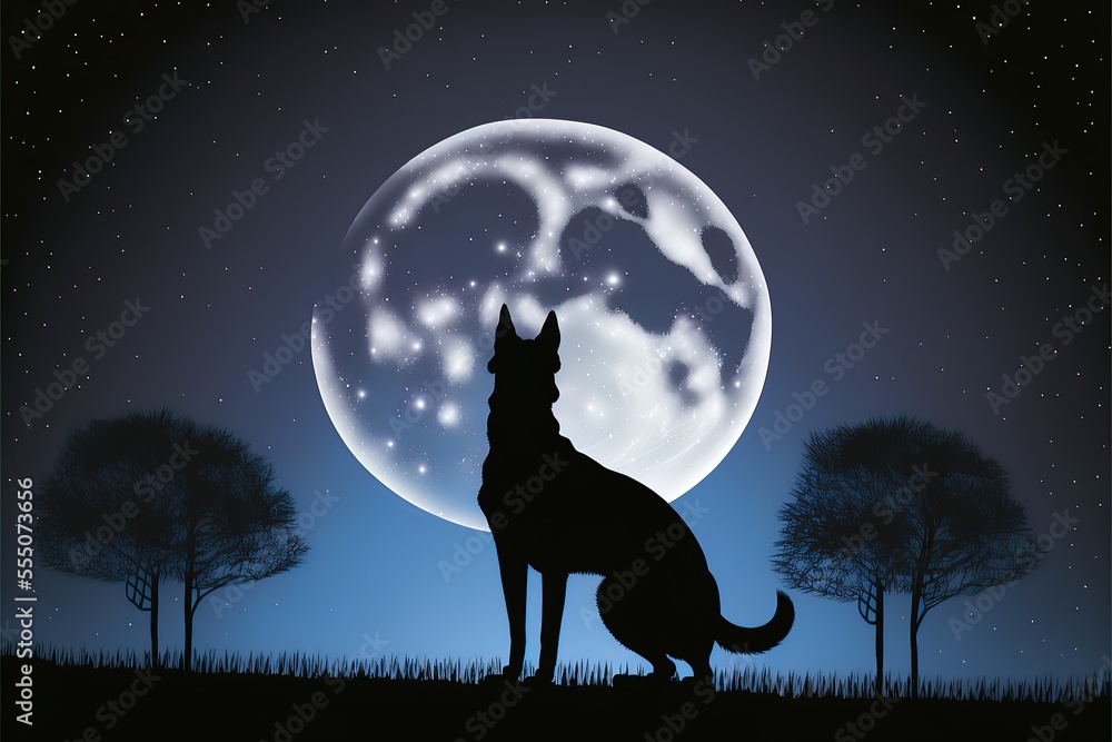 Santa in night sky against background of full moon. Dog silhouette ...