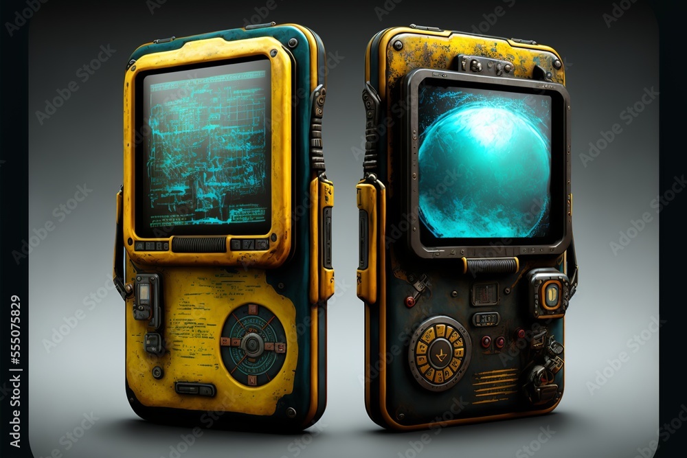 Sci-fi handheld portable computer device post-apocalyptic tablet screen ...