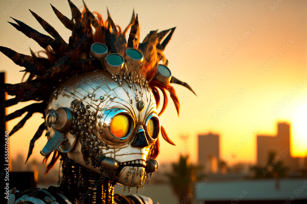 crazy female cyborg portrait, steampunk mohawk robot woman with ...