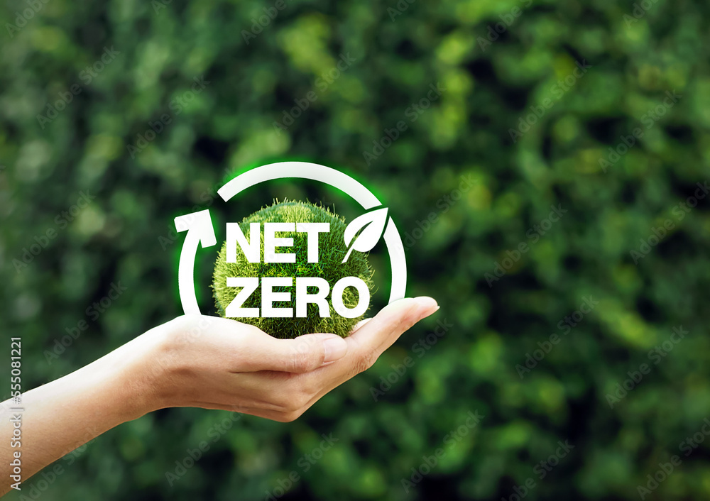 Green earth planet in hands with Net zero icon and carbon neutral ...