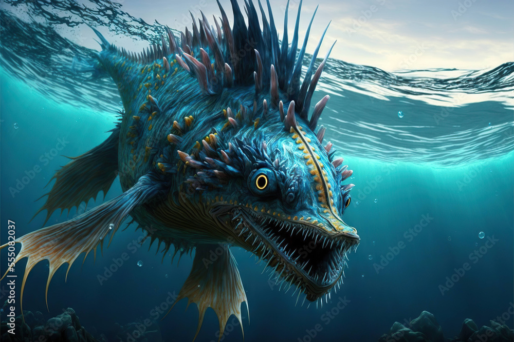 Dark fantasy scene showing giant sea monster alien Stock Illustration ...