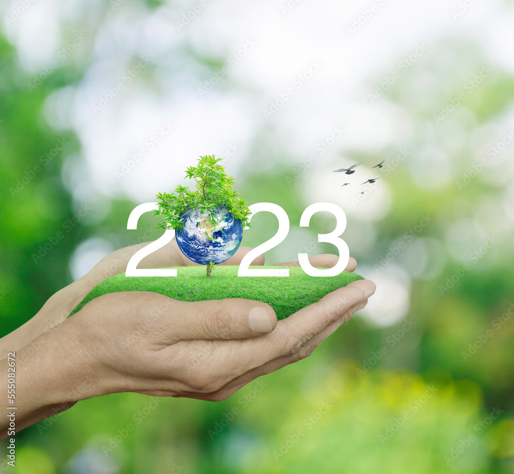 2023 white text with planet and tree on green grass field in hands over ...