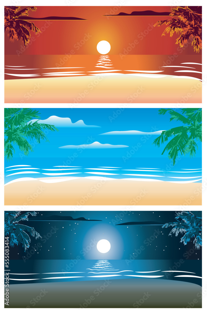 Set of beaches in three different time periods which are rising sun ...
