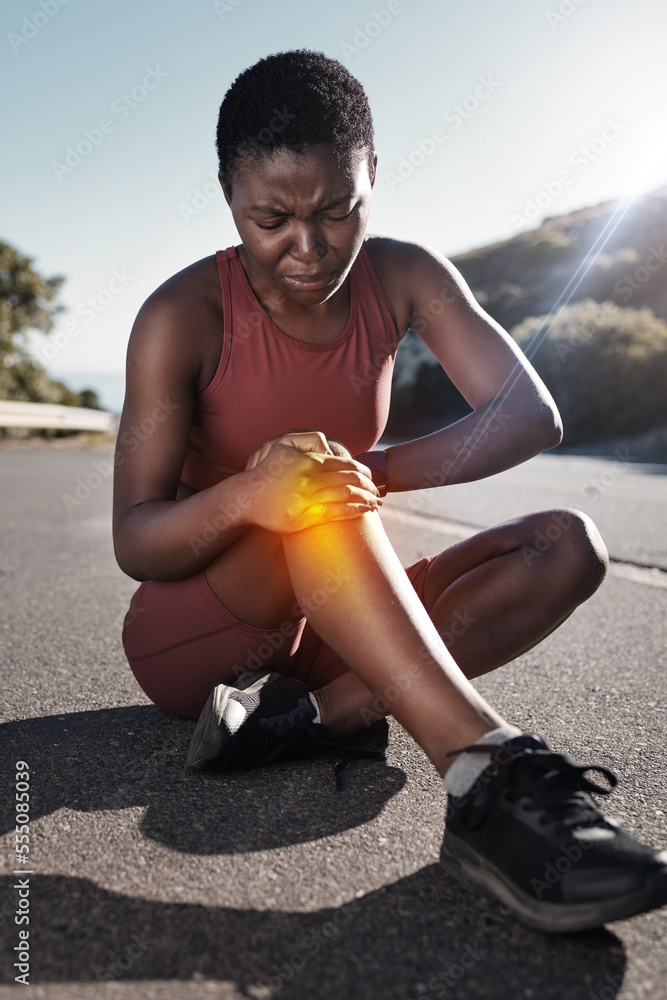 Knee pain, black woman and road training accident with a runner in pain ...