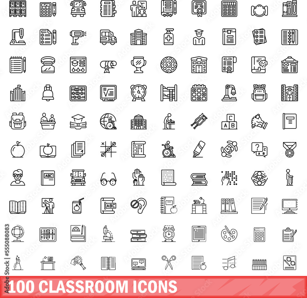 100 classroom icons set. Outline illustration of 100 classroom icons ...