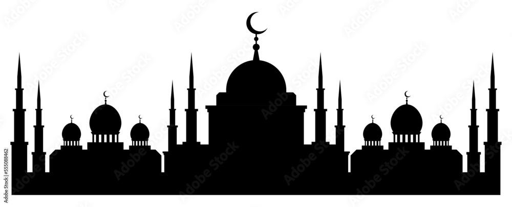 Horizontal black and white banner with silhouette of muslim mosque ...