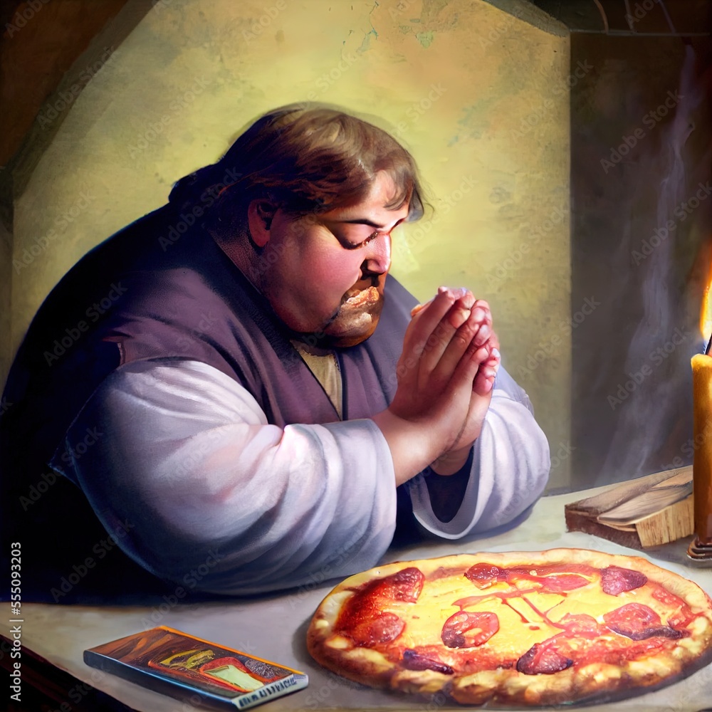 Fat Man Praying to Pizza - Generative AI Stock Illustration | Adobe Stock